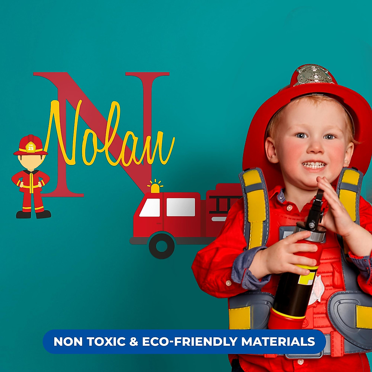 CRYPTONITE Personalized Name & Initial Firetruck Wall Decals for Kids Rooms I Baby Boy Nursery Decor I Toddler Boy Room Decor Firetruck I Firetruck Birthday Decorations (Wide 30"x 19" Height)