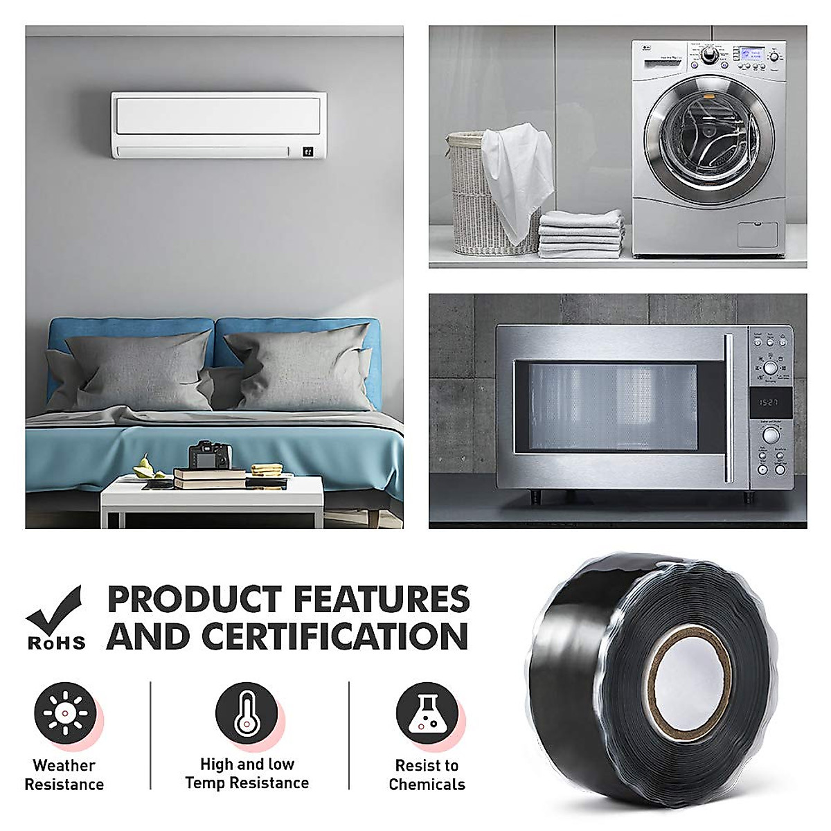 CLAVICHORD Seal Self Fusing Silicone Tape - 1 Inch Wide and 15 Feet Long Weatherproof Self Fusing Silicone Sealing Tape for Emergency Pipeline Repair/Cable Bandage/Tool Fixing（Black）