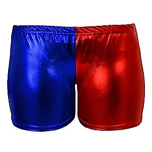 GirlzWalk Girls Kids Metallic Shiny Hot Pant Shorts Stretchy Wet Look Pants Ages from 5 to 13 Years Old (Blue and Red, 7-8 Years Old)