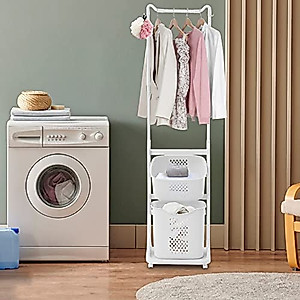 2-Tier Plastic Laundry Basket Laundry Hamper, Clothes Hamper with a thickened handle Shelf + Wheels ​Clothes Hamper Stands Up Well,Scope Of Application Bedroom/Balcony/Laundry Table(Off-White
