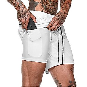 Akk Men's 2-in-1 Workout Running Shorts Lightweight Gym Yoga Training Sport Short Pants White