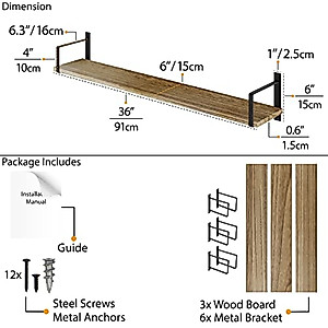 Wallniture Toledo Floating Bookshelf Set of 3, Wood Floating Shelves for Wall Storage, 36"x6" Long Wall Shelves for Living Room, Bathroom, Bedroom, Kitchen Pantry,Burnt Finish