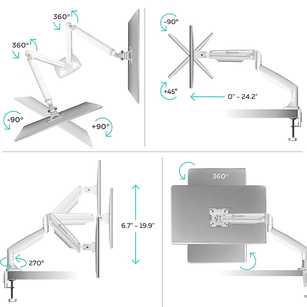 ONKRON Double Monitor Arm for Two 13-32 Inch Screens up to 19 lbs Each, Gas Spring Dual Monitor Arm Desk Mount 75x75 & 100x100 VESA - Dual Computer Monitor Mount for Desk Swivel Tilt Rotation White