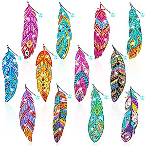 12 Pcs 5D Diamond Painting Bookmarks Crystal Feather Bookmark Acrylic Diamond Art Bookmarks Pendant Diamond Drawing Bookmarks Rhinestone Bookmarks for Adults Kids Home Office School Gift Supplies