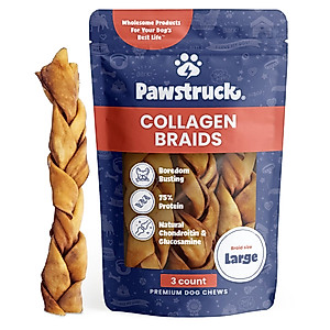 Pawstruck Natural Large 10-13” Beef Collagen Braids for Dogs - Healthy Long Lasting Alternative to Traditional Rawhide & Bully Sticks w/Chondroitin & Glucosamine - 3 Count - Packaging May Vary