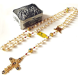 elegantmedical HANDMADE Gold Wire Wrapped Bead AAA White 9mm Real Pearl & Enamel Bead Rosary Cross NECKLACE BOX
