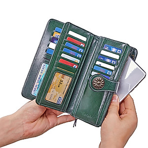 Travelambo Womens Wallet Large Capacity RFID Blocking Genuine Leather Wristlet Wallets(Green)