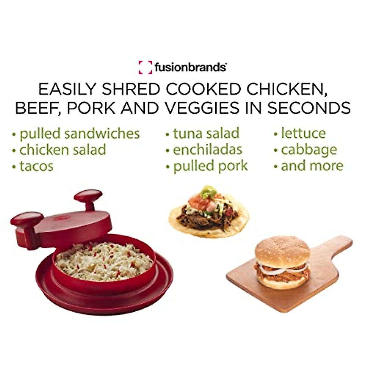 FusionBrands ShredMachine, Red -The Quick, Easy to Use Alternative to Bear Claws Meat Shredder for Pulled Pork, Beef, Chicken, & More - BPA Free Hand Shredder with Easy to Grip Handles, Non-Skid Base
