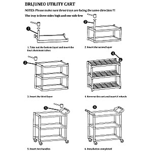 BRLJUNEO Plastic Utility Carts with Wheels, 3-Tier Medium Size Restaurant Food Cart, Heavy Duty 510lbs Capacity Rolling Service Cart w/Hammer for Commercial, Kitchen, Office (Lockable Wheels, M-Grey)