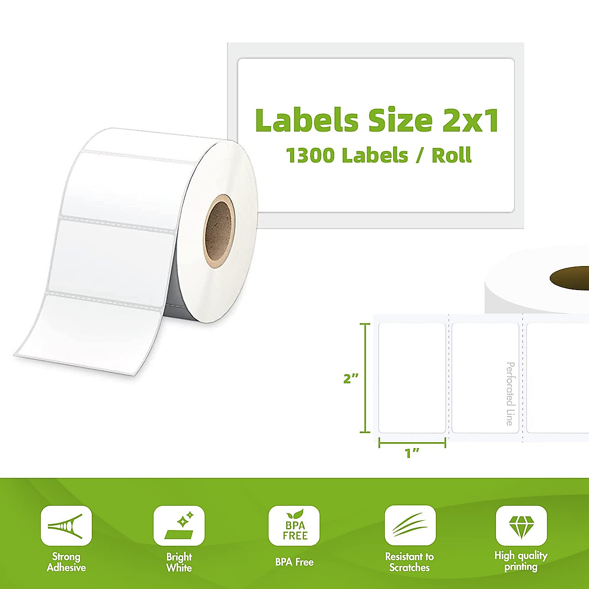 2" x 1" Direct Thermal Label Multipurpose Address Perforated & Compatible with Rollo, Zebra, & Other Label Printers (2"X1" 1300 Labels X 12Rolls)
