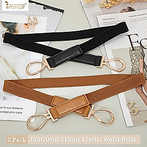 JASGOOD 2 Pack Women Skinny Elastic Belt for Dresses Thin Retro Stretch Ladies Waist Belt with Gold Buckle, A-Black+Brown, Fit Waist Size 31”-36”