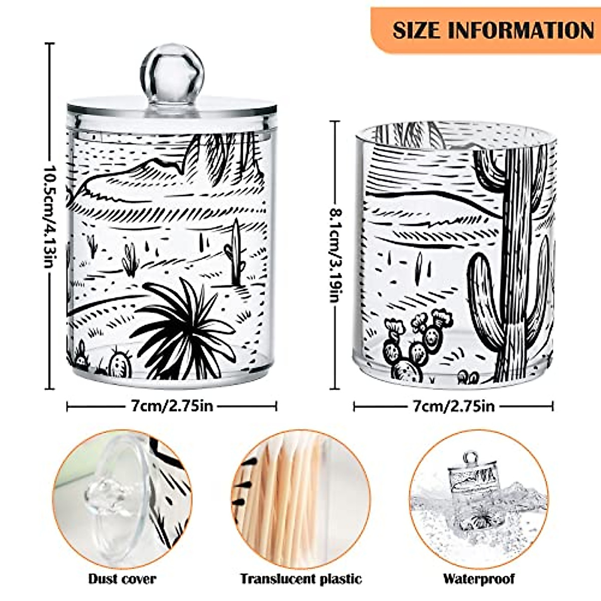 WELLDAY Apothecary Jars Bathroom Storage Organizer with Lid - 14 oz Qtip Holder Storage Canister, Western Desert Landscape Clear Plastic Jar for Cotton Swab, Cotton Ball, Floss Picks, Makeup Sponges,H