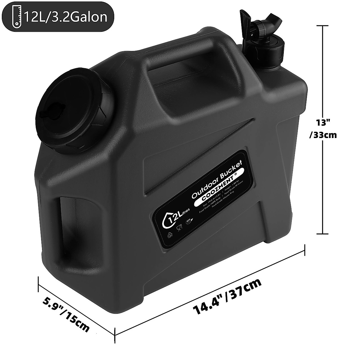 COOZMENT 3.2 Gallon (12L) Portable Water Containers with Spigot, BPA Free Water Jug, Black Water Tank, Multifunction Water Storage Containers for Camping Outdoor Hiking,Emergency Stroage,Drink