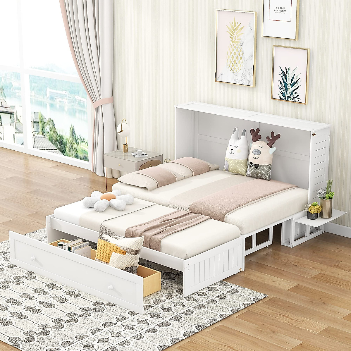 SmartEdge Queen Size Mobile Murphy Bed with Drawer, Little Shelves on Each Side, Wood Queen Size Bed Frame, Space-Saving Folding Bed, No Box Spring Needed, White