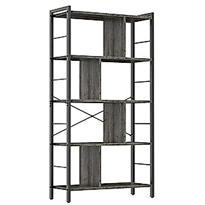 armocity Bookshelf, 5 Tier Tall Modern Bookcase Wood Metal Frame Standing Book Shelf, Display Bookshelves Storage Organizer for Bedroom Living Room Home Office, Grey