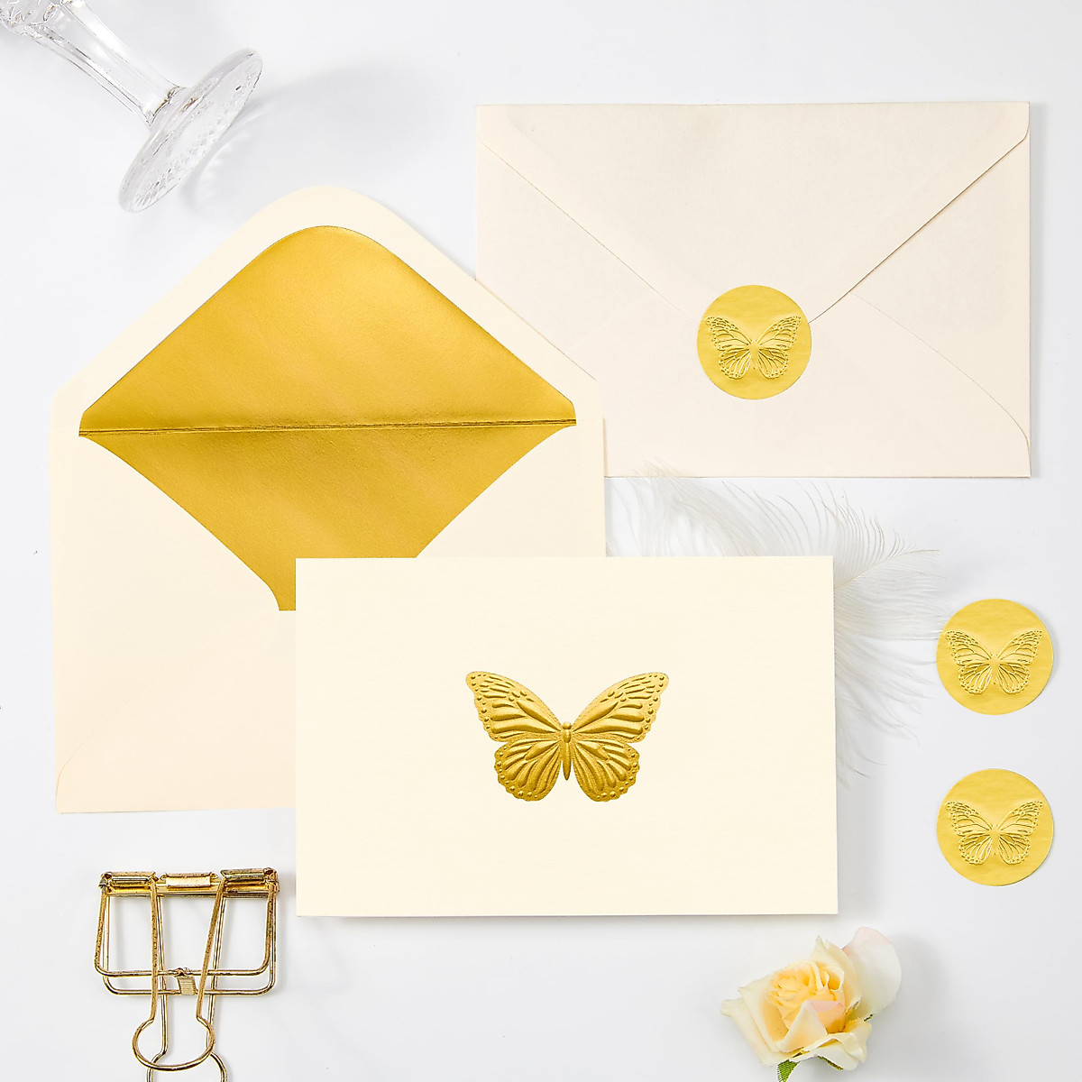 Crisky Embossed Gold Blank Greeting Cards with Envelopes & Stickers 25 Pack Butterfly Note Cards Bulk for Birthday, Baby Shower,Bridal Shower, Wedding, Graduation Blank Inside