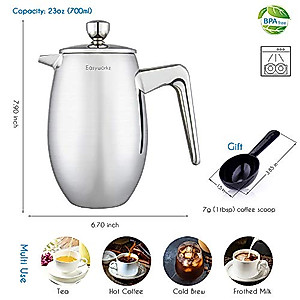 Easyworkz Nando French Press 23 oz Double Wall Insulated Thermal Coffee Maker,304 Stainless Steel Cafetiere