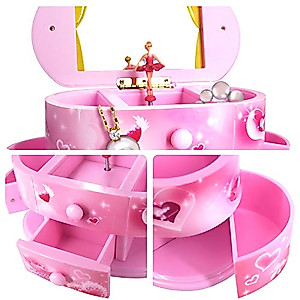 Qulable Musical Jewelry Box,Girl's Musical Jewelry Storage Box with Drawer and Dancing Ballerina Makeup Mirror Music Box Jewelry Storage Music Box for Kids Children (Pink)