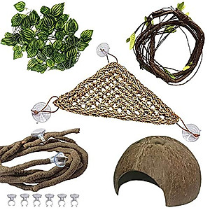 PINVNBY Bearded Dragon Tank Accessories,Lizard Habitat Hammock Reptile Natural Coconut Shell Cave Jungle Climber Bendable Vines Leaves Decor for Gecko Chameleon Snakes Lizards(5 Pcs)