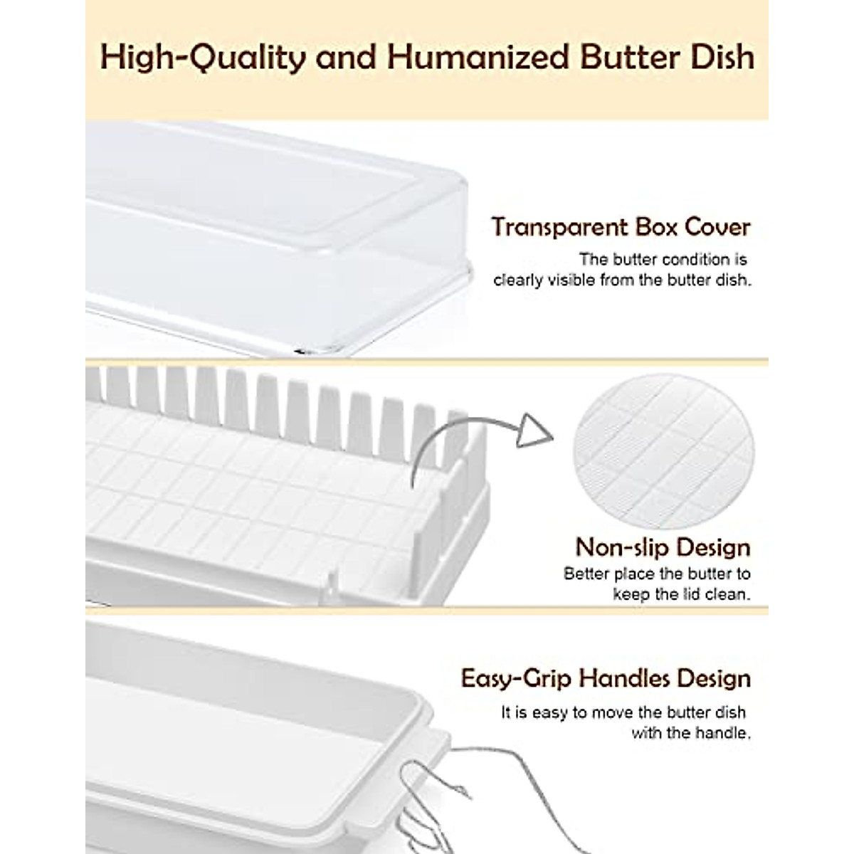Butter Dish with Lid for Countertop, Bumzoi Butter Dish with Humanized Design, Butter Keeper for Refrigerator, Butter Dishes with Handle Storage Perfect for West/ East Coast Butter