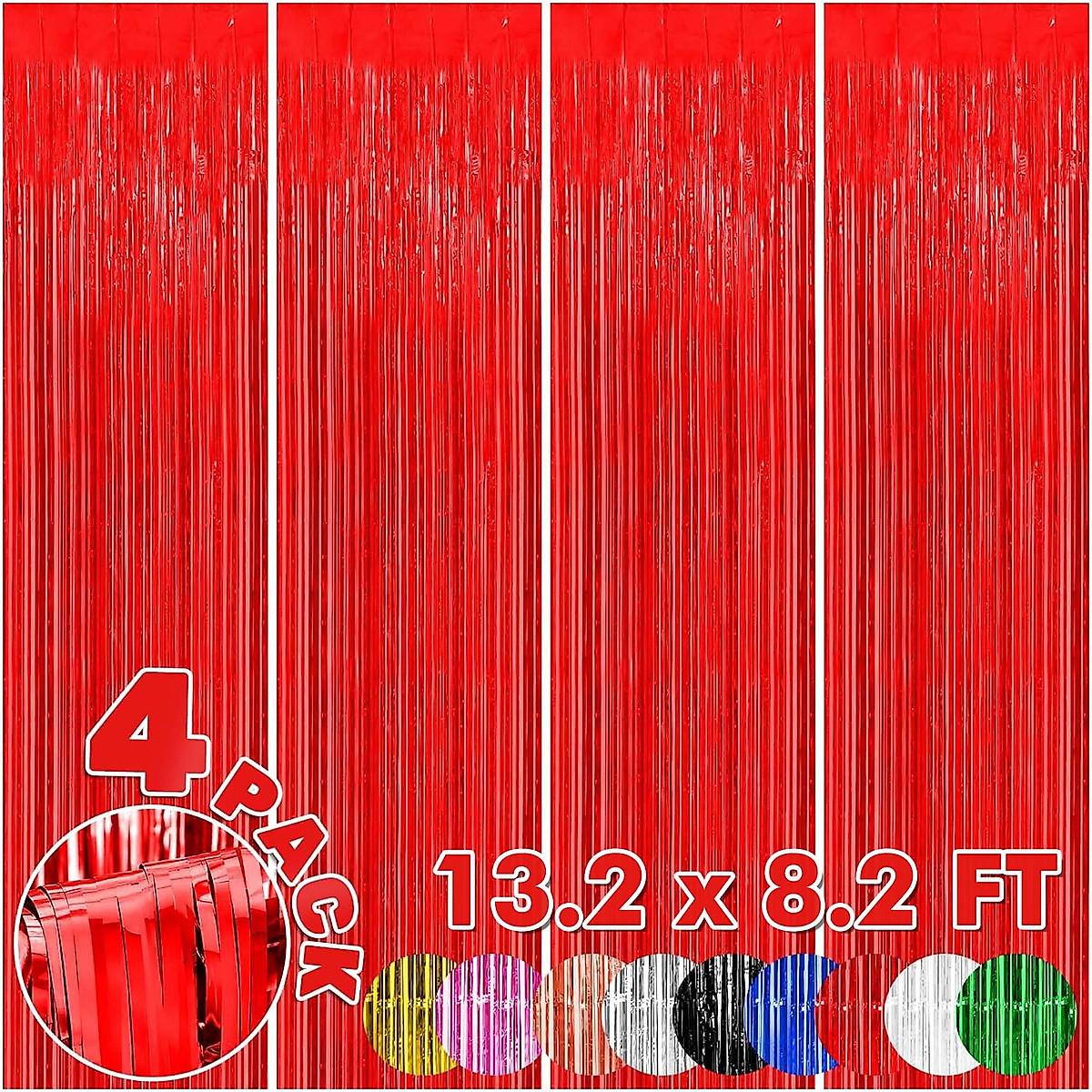 4-Pack Backdrop for Party Decorations, Foil Fringe Backdrop Curtains, Tinsel Streamers for Birthday Party Decorations, Tinsel Curtains for Halloween Valentine Disco Hollywood Theme Parties (Red)