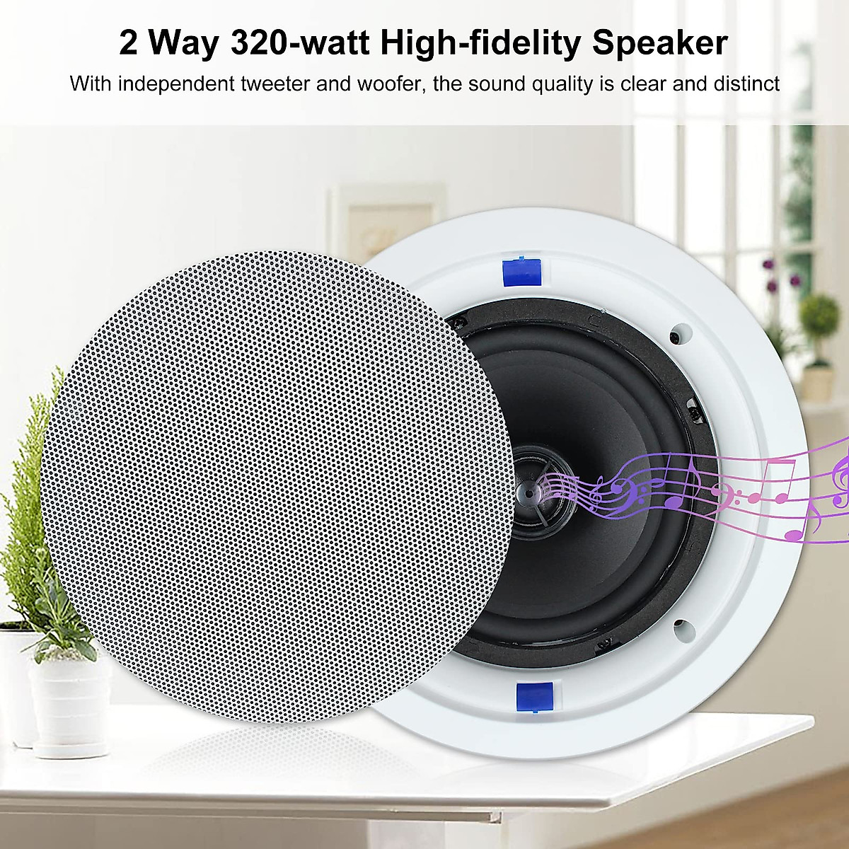 Herdio 6.5 Inch Bluetooth Ceiling Speakers 320W 2-Way Flush Mount in Wall Amplifier Receiver Perfect for Home Theater Bathroom Living Room Kitchen Office (White, Pair)