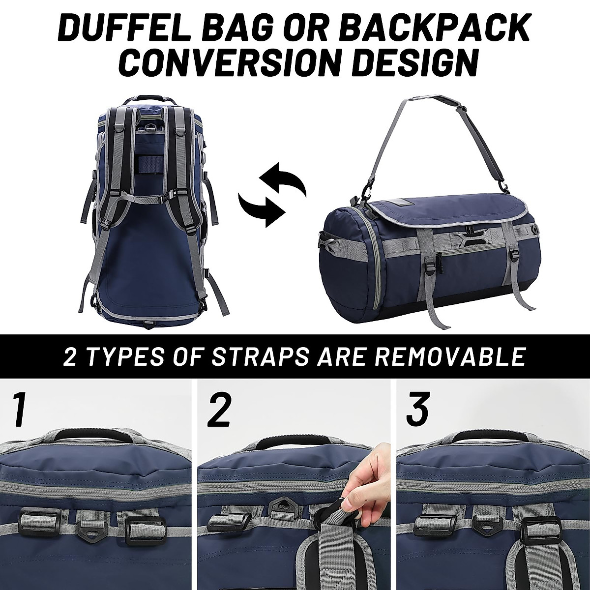 MIER Large Duffel Backpack Sports Gym Bag with Shoe Compartment, Heavy Duty and Water Resistant, Navy Blue, 60L