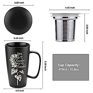Taimei Teatime Ceramic Tea Mug with Infuser and Lid, 15.5 oz Tea Infuser Mug with Large Strainer for Steeping Loose Leaf Tea, Women Man Office Home Gift, Black