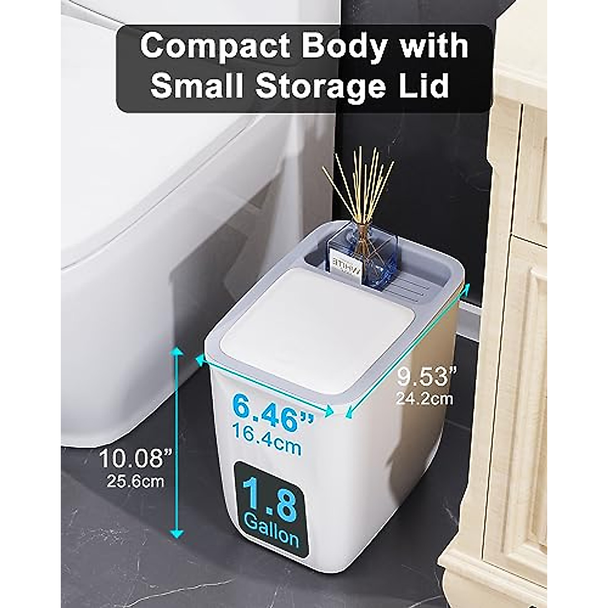 Runsand 3 Pack Small Bathroom Trash Can with Pop-Up Lid, 1.8Gal Slim Trash Bin with Storage Grid Lid, 7L Garbage Can Waste Basket for Bedroom, Laundry Room, Office, Dorms with White-Gray Colors