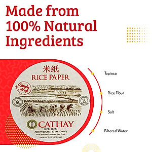 Cathay Fresh Spring Roll Rice Paper Wrappers, Rice Paper Wrappers for Fresh Rolls-30 Sheets, Non-GMO, Gluten-Free, Low Carb, Vietnamese Summer Wrap with Natural Ingredients, Veggie Wrap (Round, 22cm)