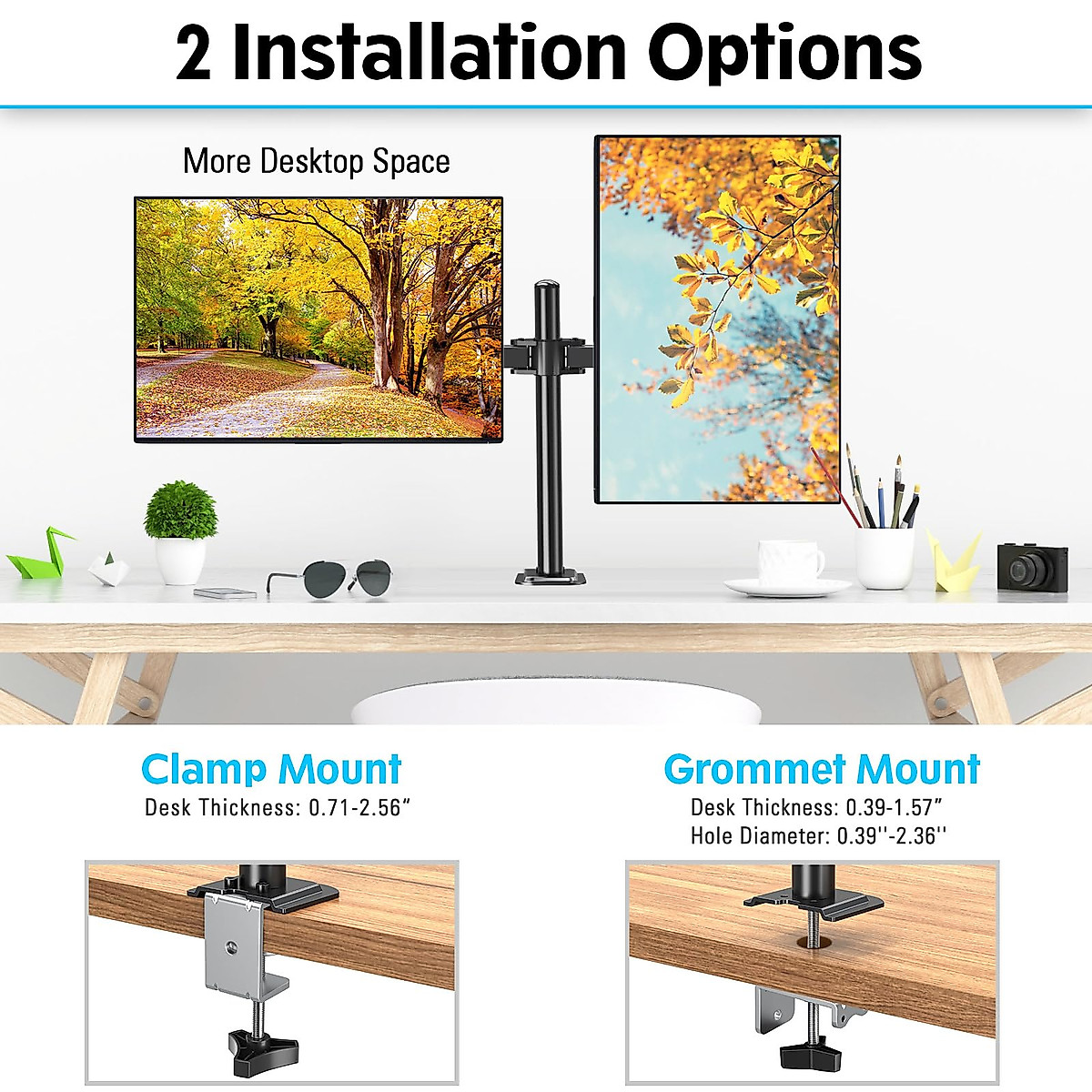 MOUNTUP Dual Monitor Desk Mount, Fully Adjustable Dual Monitor Arm for 2 Max 32 Inch Computer Screens up to 17.6lbs, Dual Monitor Stand Fit Two VESA 75x75&100x100, with C-Clamp and Grommet Base MU0002