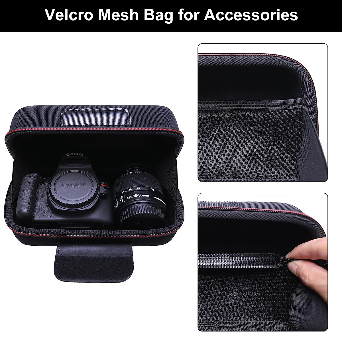 Camera Case for Canon EOS Rebel R100 / R50 / T7 / R5 / R6 Mark II / R7 / R8 / 90D / 5D Mark IV, Sony, Nikon DSLR SLR Camera, 18-55mm Lens, SD Card, Battery and Cable with Shoulder Strap, Black
