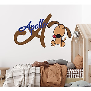 Custom Name and Initial Puppy Wall Decal - Dog Wall Art Decor for Nursery Bedroom playroom Decoration (Wide 40"x23" Height)