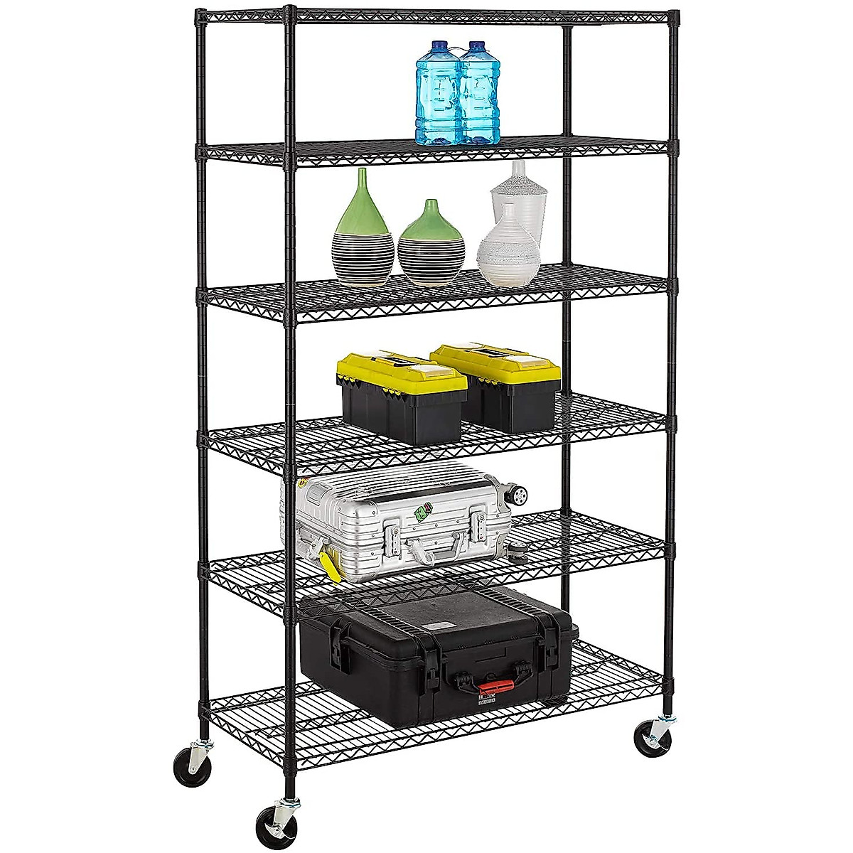 FDW 48" L×18" W×76" H Wire Shelving Unit Metal Shelf with 6 Tier Casters Adjustable Layer Rack Strong Steel for Restaurant Garage Pantry Kitchen Garage,Black
