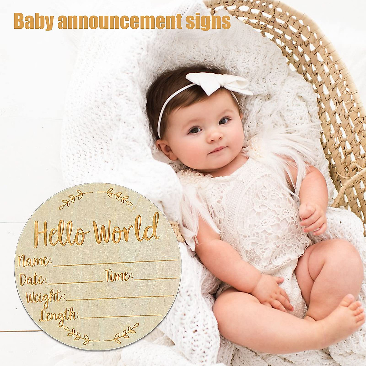 joaoxoko Hello Horld Newborn Sign，5.9 Inch Round Wooden Baby Announcement Sign for Newborn Boys and Girls，Welcome Baby Sign for Hospital Photo Prop Gift (Leaf)