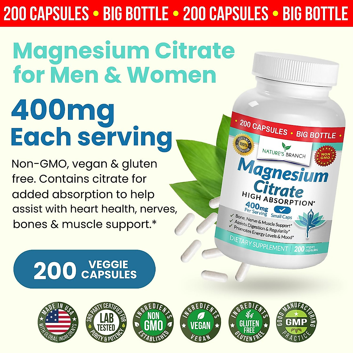 Magnesium Citrate 400mg - 200 Capsules - High Potency for Sleep, Leg Cramps, Extra Strength Absorption, Easy to Swallow Pills for Women & Men, Vegan Supplement Not Tablets - Made in USA