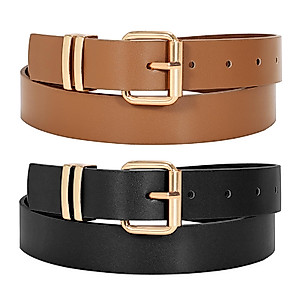 JASGOOD 2 Pack Women Belts for Jeans Ladies Leather Waist Belt for Pants Dresses with Gold Buckle