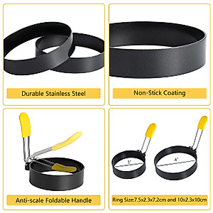 KLEINKITCH Egg Rings – 5 Piece Set of 2 Small and 2 Large Egg Molds for Frying Eggs with Oil Brush Plus Recipe EBook – Professional Portable Round Egg and Pancake Rings – 3 Inch and 4-Inch Sizes