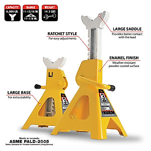 Performance Tool W41022 Ratchet Style Jack Stand Set for Lifting Vehicles During Maintenance, Yellow, 3-Ton