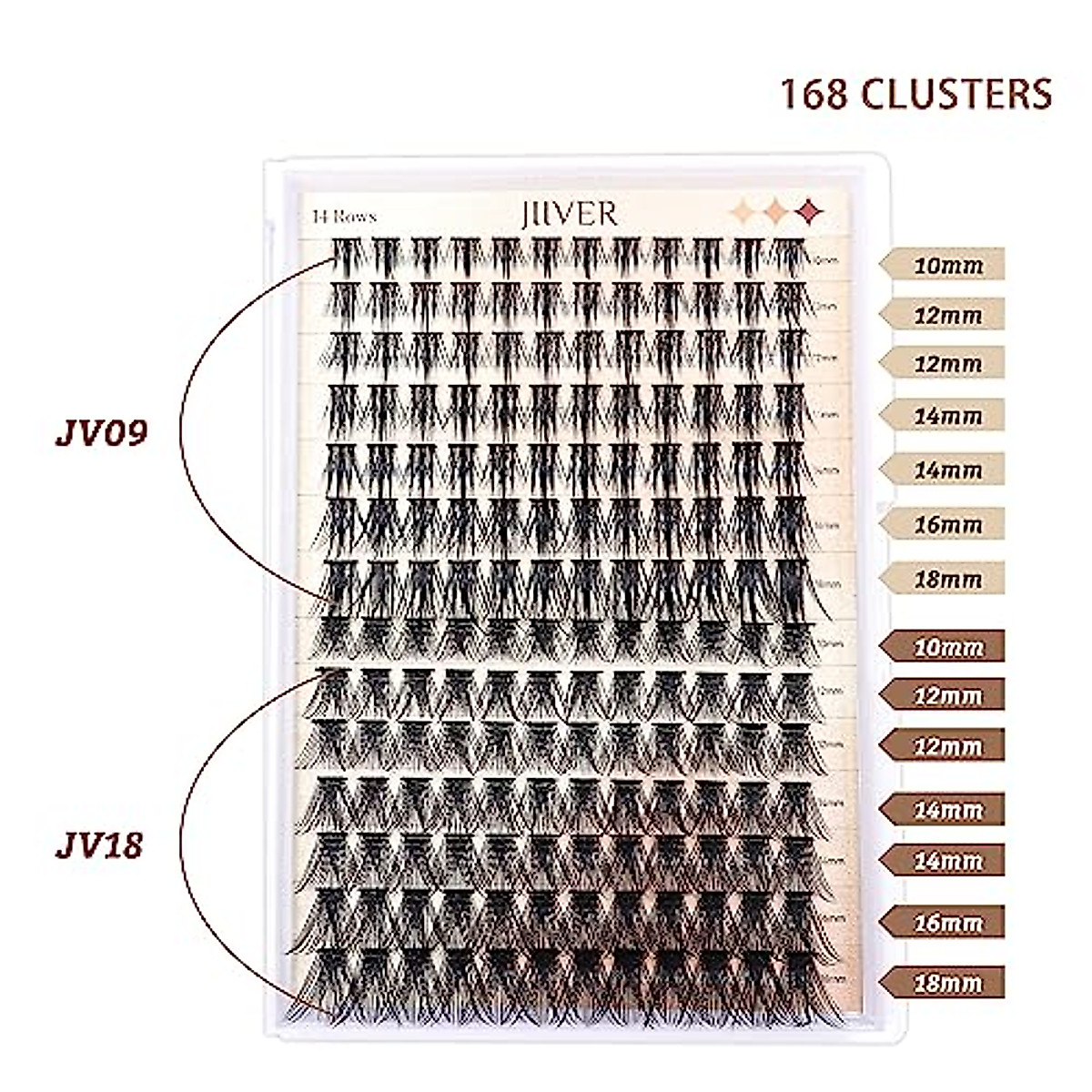 JIIVER Lash Clusters, 168pcs Eyelash Clusters D Curl Cluster Lashes Wisps, DIY Lash Extensions10-12-14-16-18mm, Volume Cluster Lashes that Look Like Extensions(JV09+18, D Mix)