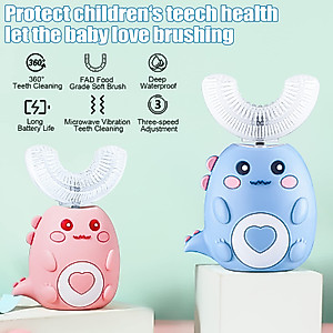 CHENGU 2 Pieces Kids U Shaped Toothbrush Whole Mouth Toothbrush Ultrasonic Silicone Toothbrush 360 Degrees Automatic Waterproof Toothbrush with 3 Modes for Kids Toddler, 2 to 6 Years(Dinosaur Style)