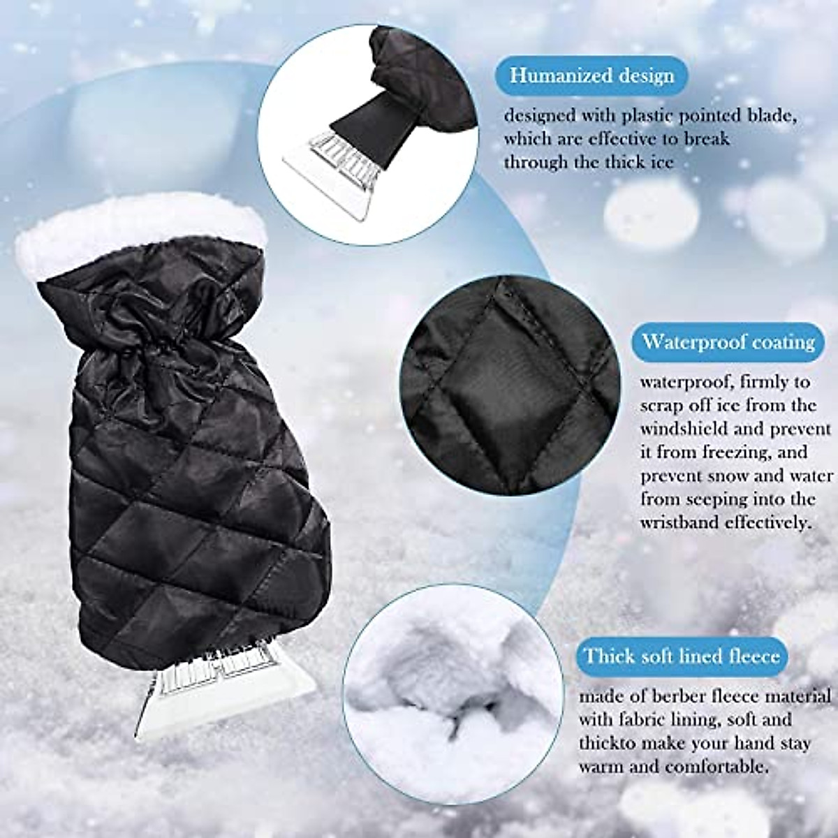 Ice Scraper Mitt for Car Windshield, Waterproof Snow Remover Scraper Glove with Thick Fleece Lining for Home Car Window Snow Remover Scratch-Free