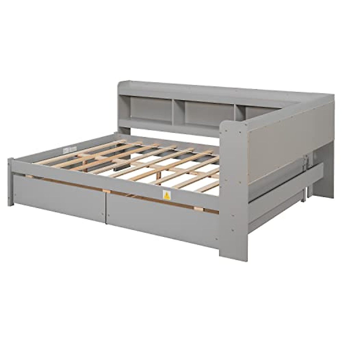 DEINPPA Full Size Platform Bed with L-Shaped Bookcase and 2 Drawers, Wooden Captain Bed Frame with Bookcase Headboard for Kids Teens Adult Boys Girls, No Box Spring Needed, Grey