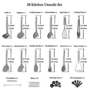 38 Piece Silicone kitchen Cooking Utensils Set with Utensil Rack, Silicone Head and Stainless Steel Handle Cookware, Kitchen Tools for Utensil Sets, Non-Stick kitchen Gadgets, Dishwasher Safe(Silver)