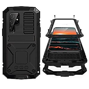 Simicoo Samsung S22 Ultra Metal Case with Screen Protector Camera Protector Military Rugged Heavy Duty Shockproof Case with Stand Full Cover Tough case for Samsung S22 Ultra (S22 Ultra, Black)