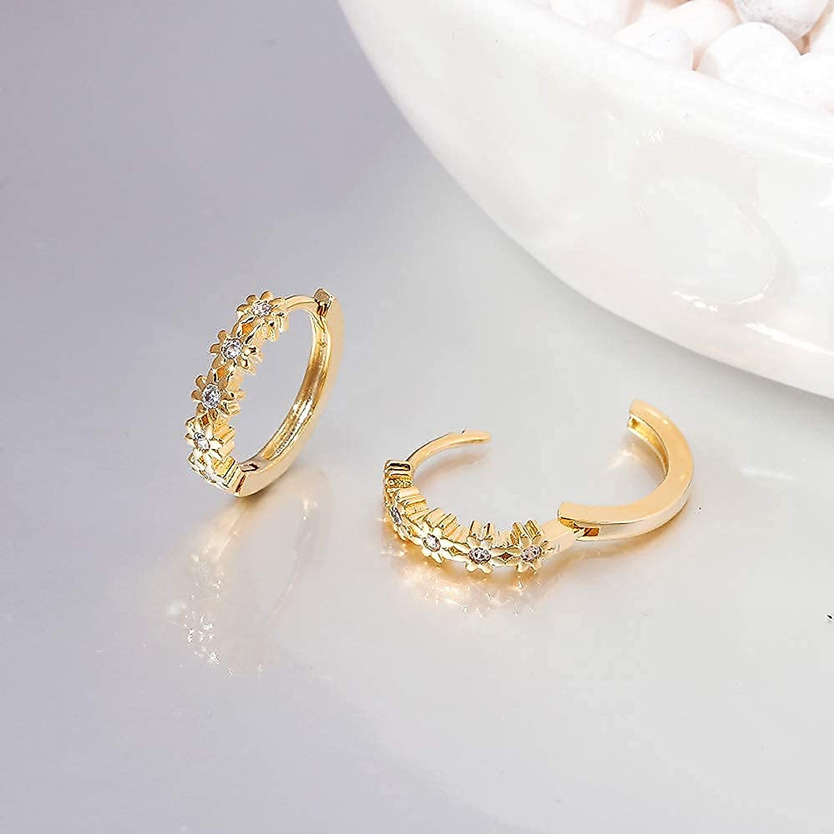 CiNily Small Gold Hoop Earrings for Women Flower Cubic Zirconia Huggie Earrings Hypoallergenic 14K Yellow Gold Plated Cartilage Earrings