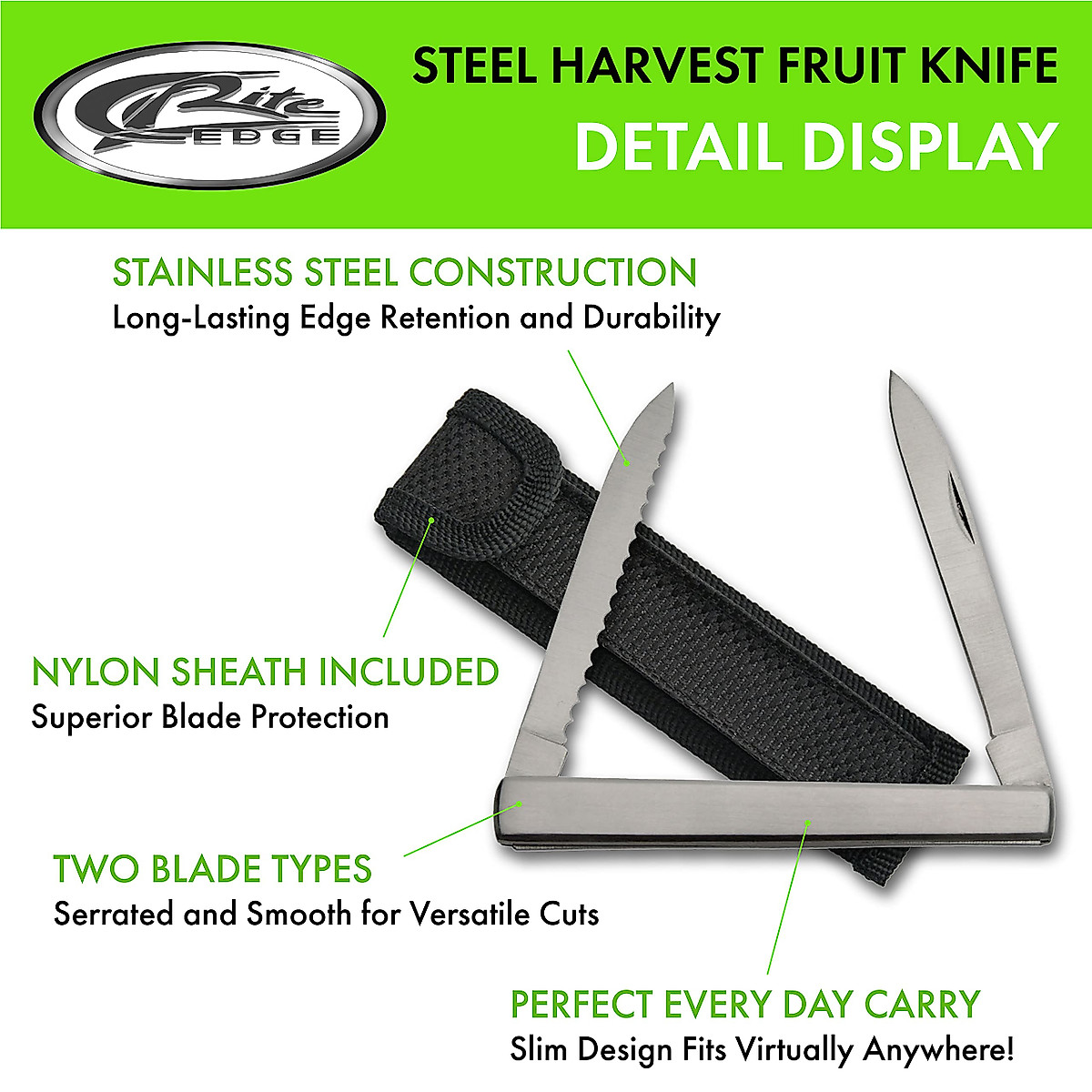 SZCO Supplies 4.5" Steel Harvest Folding Fruit Knife – Dual Stainless Steel Blades, Compact Pocket Knife with Sheath for Gardening, Camping, and Everyday Carry