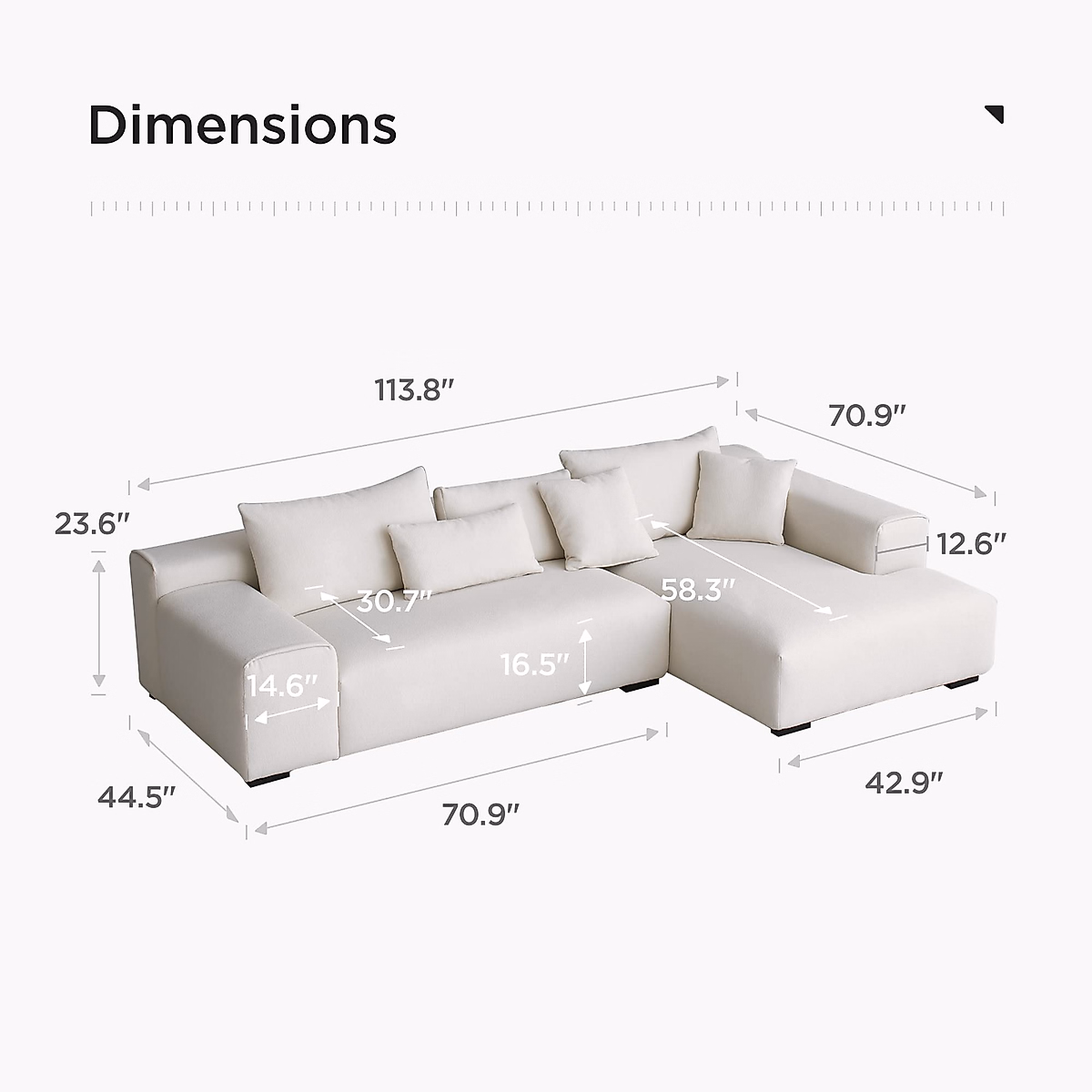 Acanva Modern Minimalist Sofa with Extra Deep Seats for Living Room, Bedroom and Lounge, L-Shaped Sectional Couch with Right Chaise,White