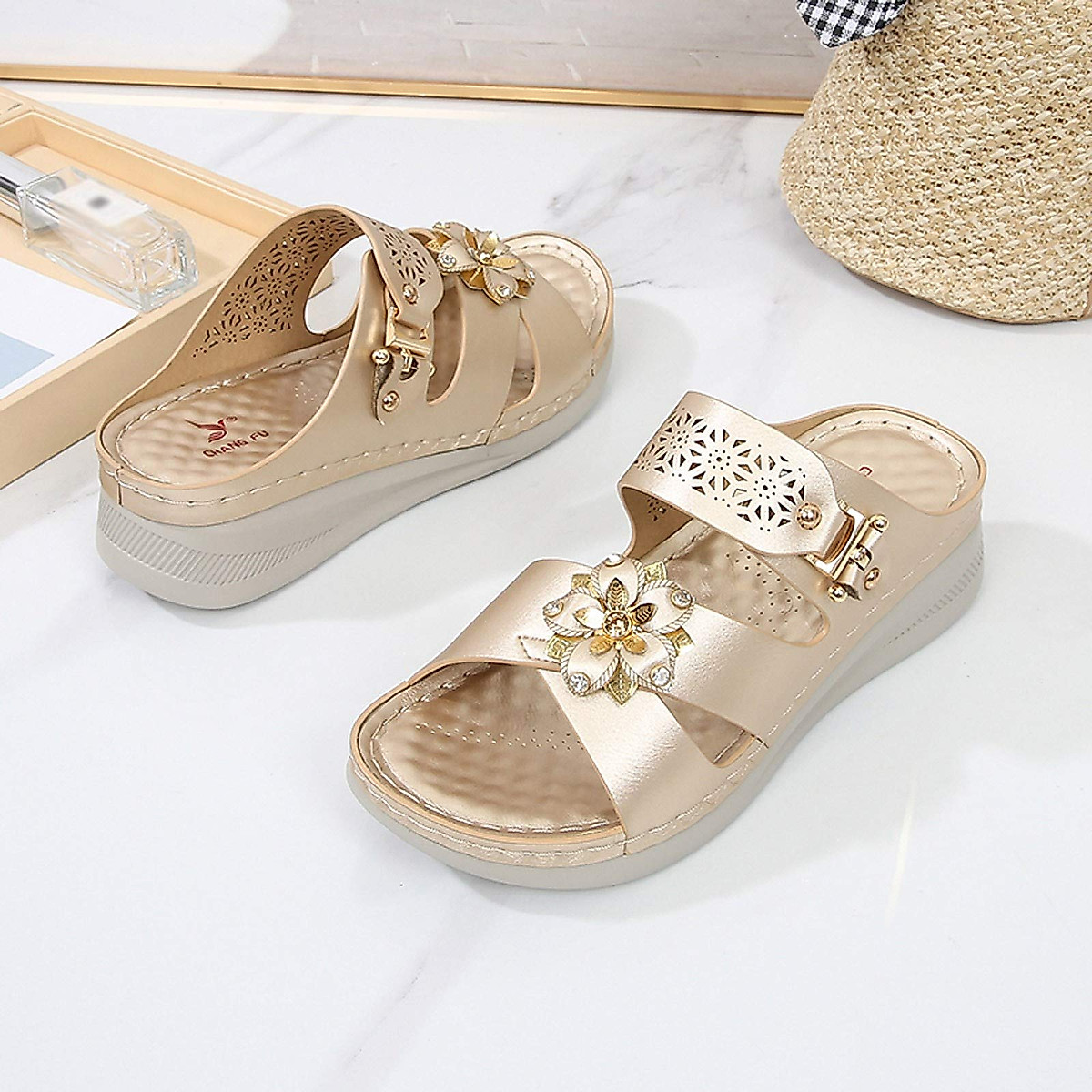 justHIGH Sandals for Women Summer Hollow Out Slip On Platform Sandal Wedge Shoes with Concealed Orthotic Arch Support