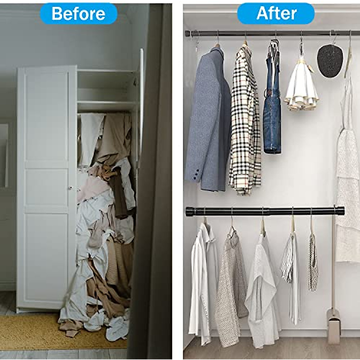 Hanging Closet Rod, Black Adjustable Width and Height 15 to 40 Inch Organizer for Hanging Clothes, Space-Saving Closet Garment Organizer Rack, Closet Extender Hanging Rod, Tension Clothes Hanging Bar